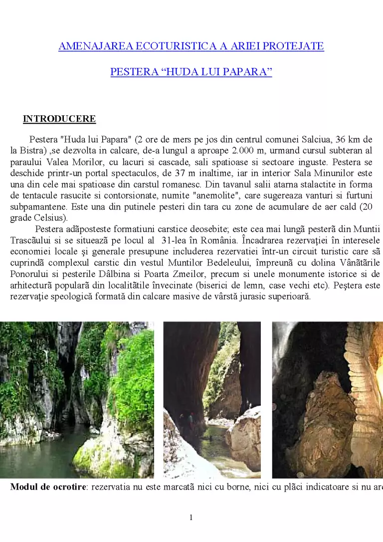 Amenajarea ecoturistică a ariei protejate - Peștera Huda lui Papară ...