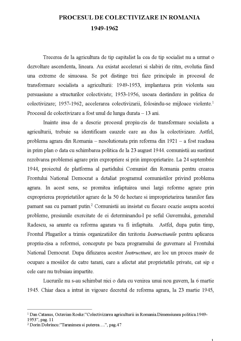 Procesul de colectivizare în România între 1949-1962 - Referat ...