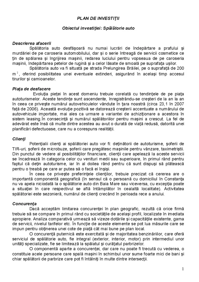 Plan de investiții spălătorie auto - Proiect - Finanțe #62609 | RegieLive