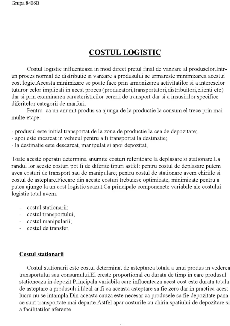 Costul Logistic - Referat - Transporturi #68000 | RegieLive