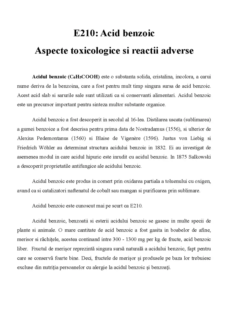 Acid Benzoic E210 - Referat - Industria Alimentară #68557 | RegieLive