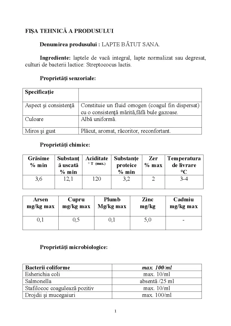 Lapte bătut - Sana - Proiect - Industria Alimentară #69707 | RegieLive
