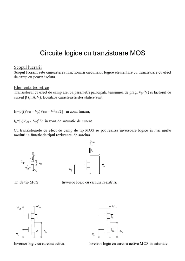Circuite Logice cu Tranzistoare MOS: Laborator [DOC] - Electronică