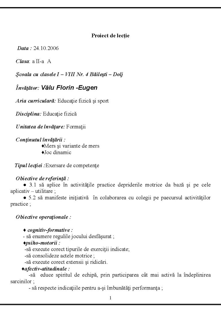 Proiect de lecție - formații - Proiect - Educație Fizică #79669 | RegieLive