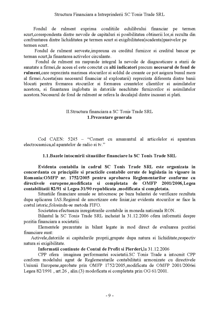 Structura financiară a întreprinderii SC Tonis Trade SRL - Referat ...
