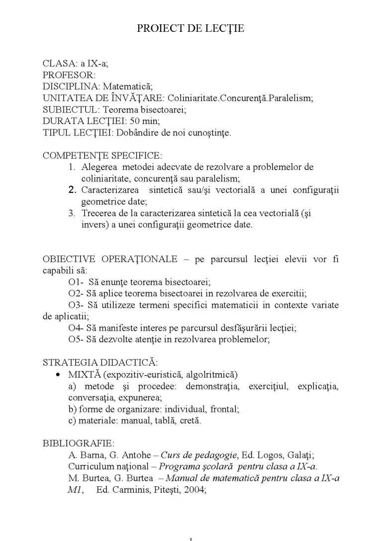 Teorema bisectoarei - Proiect - Pedagogie #80964 | RegieLive