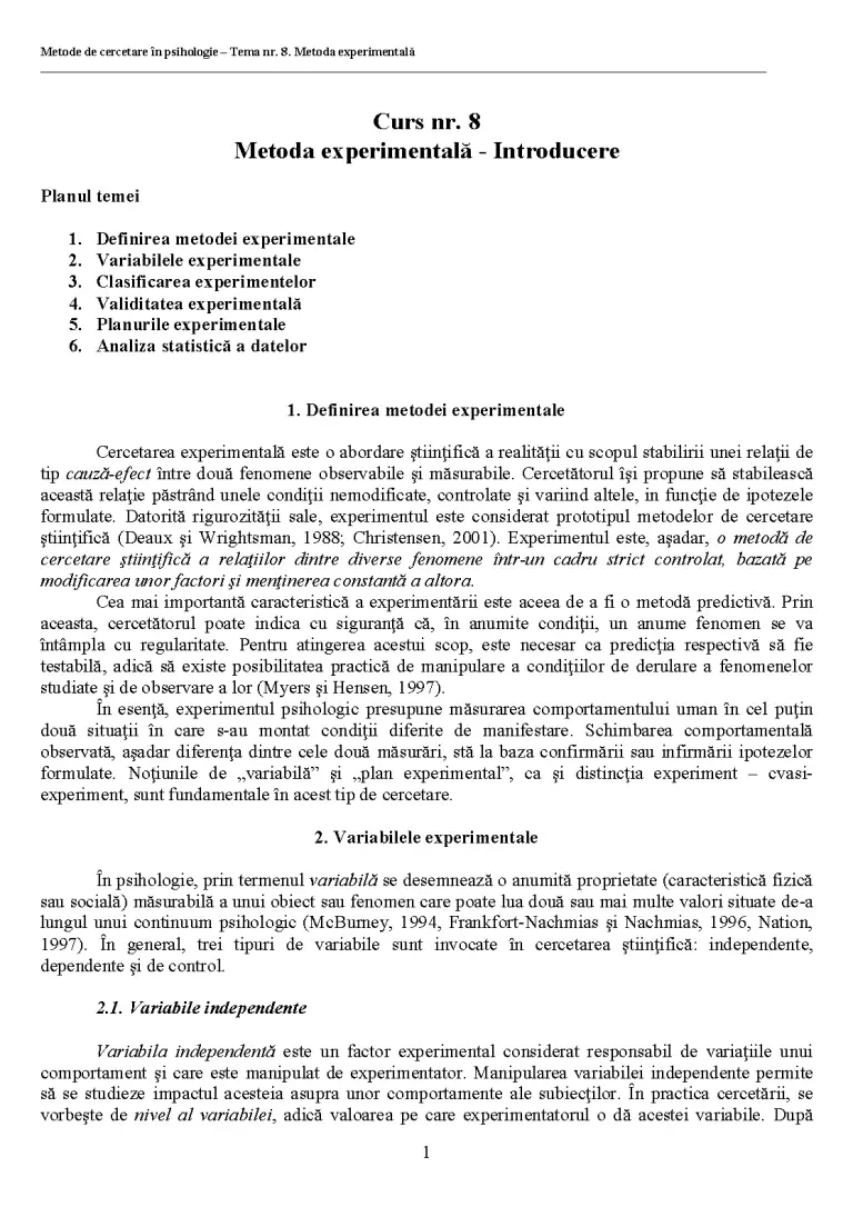 Metoda Experimentală - Introducere - Curs - Psihologie #81498 | RegieLive
