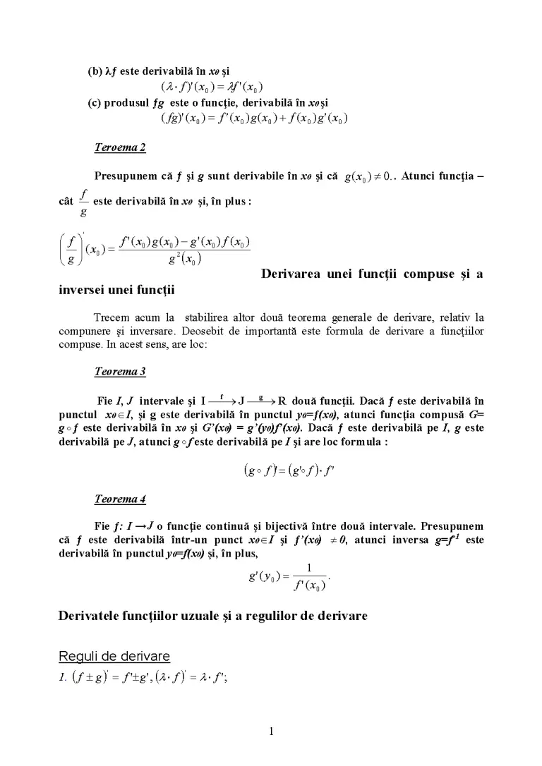 Operații cu funcții derivabile. Derivatele unor funcții uzuale ...