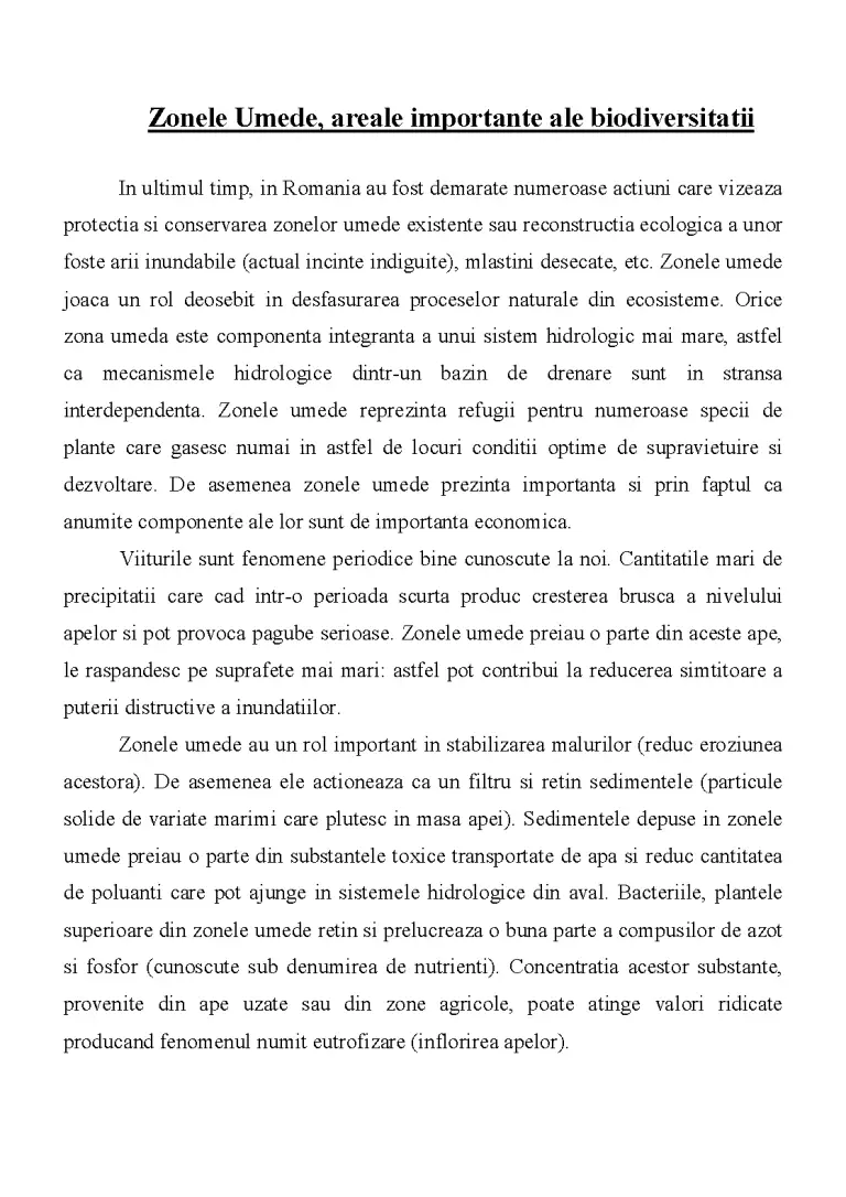 Zonele umede, areale importante ale biodiversității - Referat ...