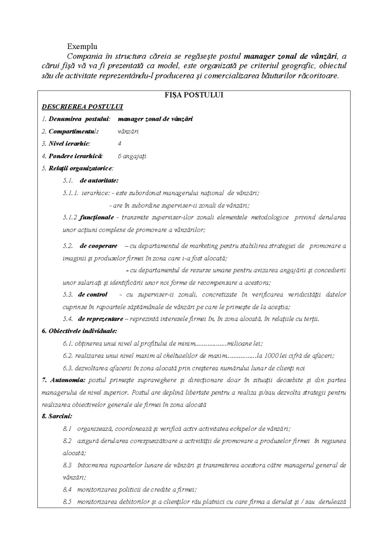 Managementul resurselor umane - exemplu fisa postului - Seminar ...